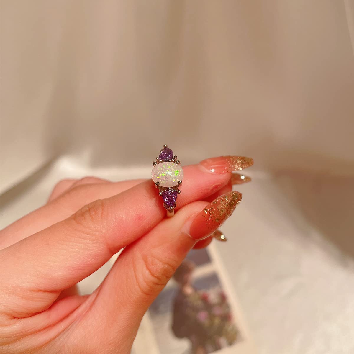 ERLOSYA Women's 925 Sterling Silver White Fire Opal Ring Oval Cut Purple Amethyst Cubic Zirconia Ring Jewelry Birthday Gift Gemstone Anniversary Size 6-9 (#7)