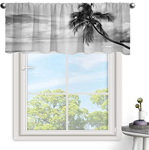 Ocean Palm Trees Kitchen Curtain, White Gold Beach Rod Pocket Valances for Kitchen/Living Room, 42 x 18 in, Blue