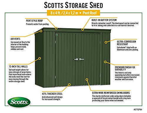 Scotts 8' x 4' Garden Storage Shed Outdoor Lockable Water-Resistant Steel Building with Tool Hanger and Pent Roof, Green