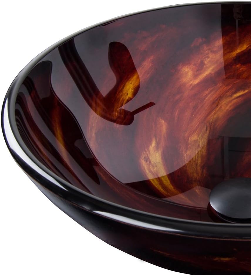 Puluomis Artistic Vessel Sink Bathroom Tempered Glass Vanity Round Bowl with Oil Rubber Bronze Faucet and Pop up drain Combo, Flame Red