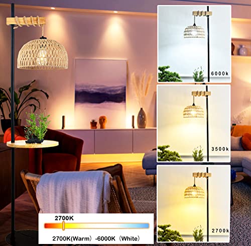 QIYIZM Floor Lamp with Table and Shelves for Living Room Bedroom Rattan Shelf Floor Lamps with Remote Boho Dimmable Standing Lamp Wicker Bamboo Wood Farmhouse Black Tall Lamp Rustic Floor Light