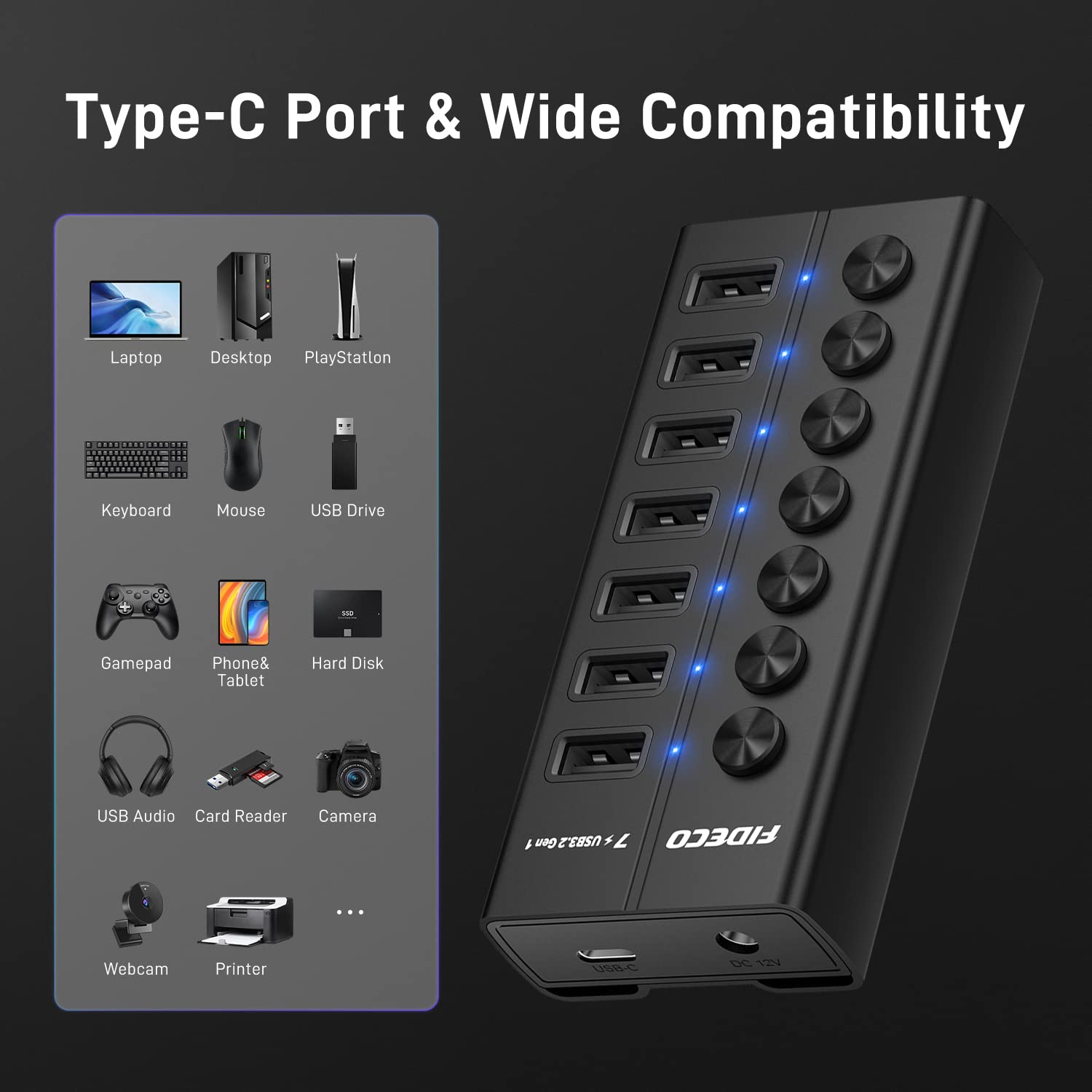 FIDECO Powered 4-Port USB Hub, USB 3.2 Gen 1 Data Hub with Independent On/Off Switch, USB Splitter with USB C to C Cable, USB A to C Cable and Power Adapter