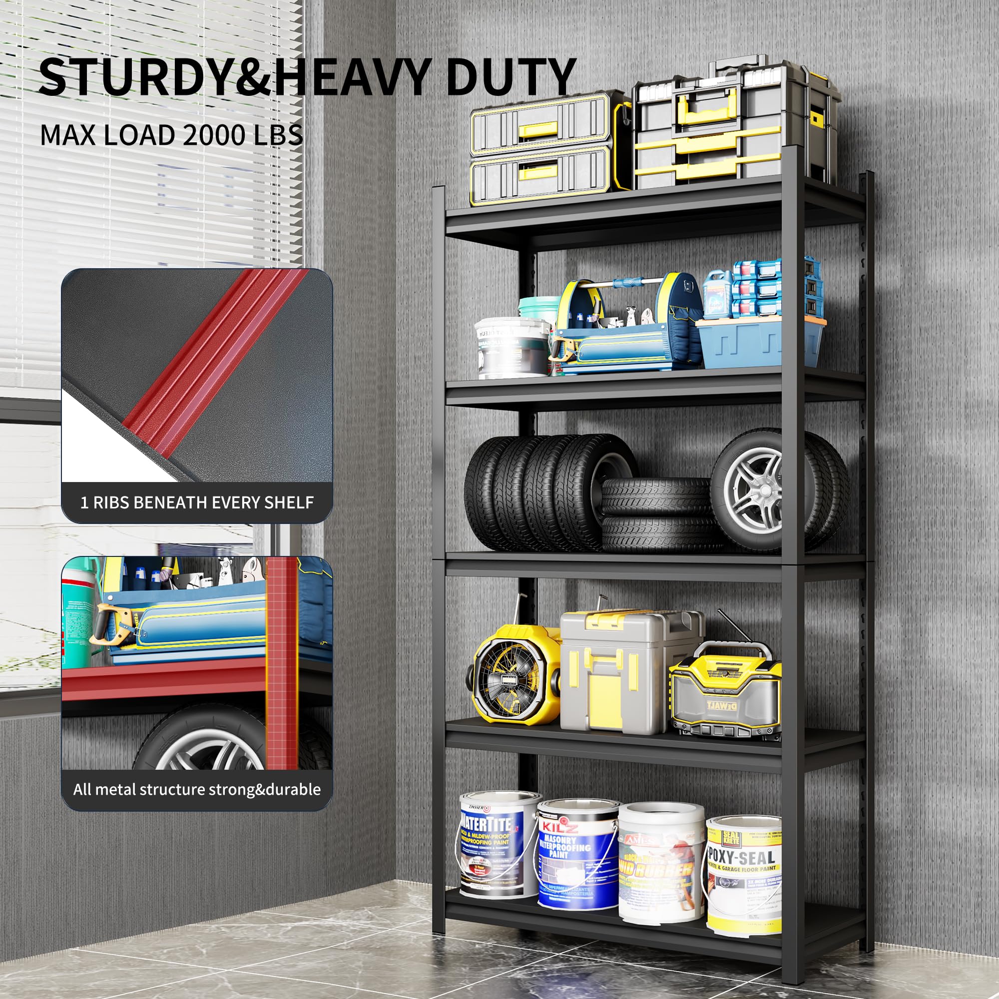 InaryLof Metal Garage Shelving, Adjustable 5-Tier Heavy Duty Shelving, 2800 LBS Garage Shelving Unit and Storage,Garage Storage Shelves for Basement,Warehouse,Kitchen (15.7" D*35.5" W*72" H)