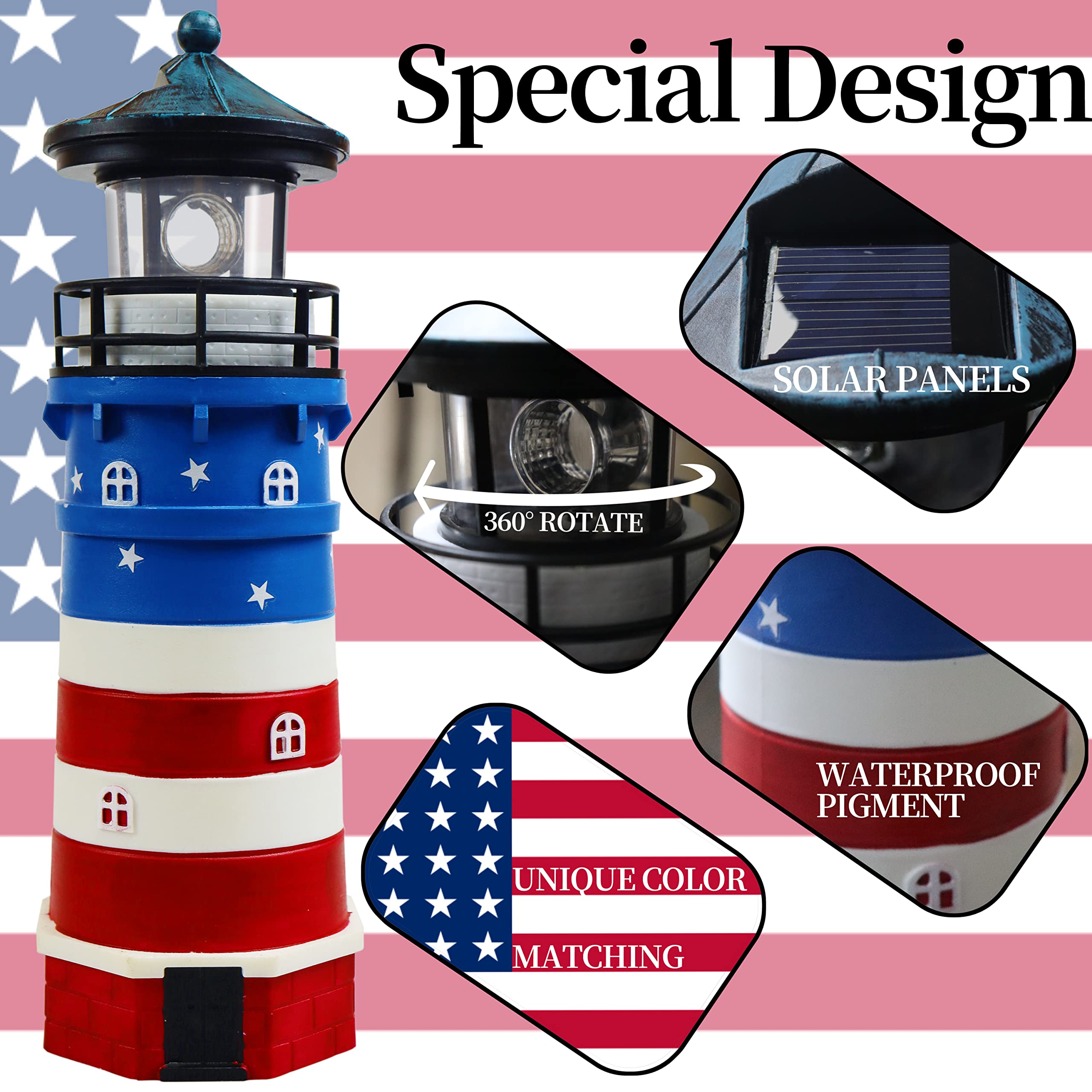 YQLEPIN Garden Solar Lighthouse Décor, American Flag Solar Lighthouse with Rotating Beacon,Lighthouse Lawn Ornament Patio Windowsill Decoration, Best Gift for Child Friends.(Round Design