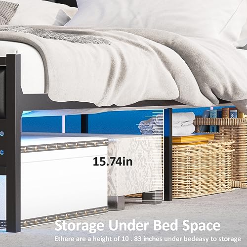 Halitaa Full Size Bed Frame with Headboard and Led Lights,Upholstered Bed Frames with Charging Station,Platform Metal Bed with Storage Shelves,No Box Spring Needed,Easy Assembly