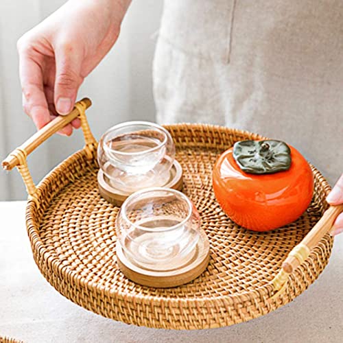 Ochine 1 Pack Wood Serving Tray Woven Serving Tray with Handles, Round Bread Serving Basket Poly-Wicker Basket Tray Decorative Rattan Fruit Tray for Serving Bread Vegetable Snack