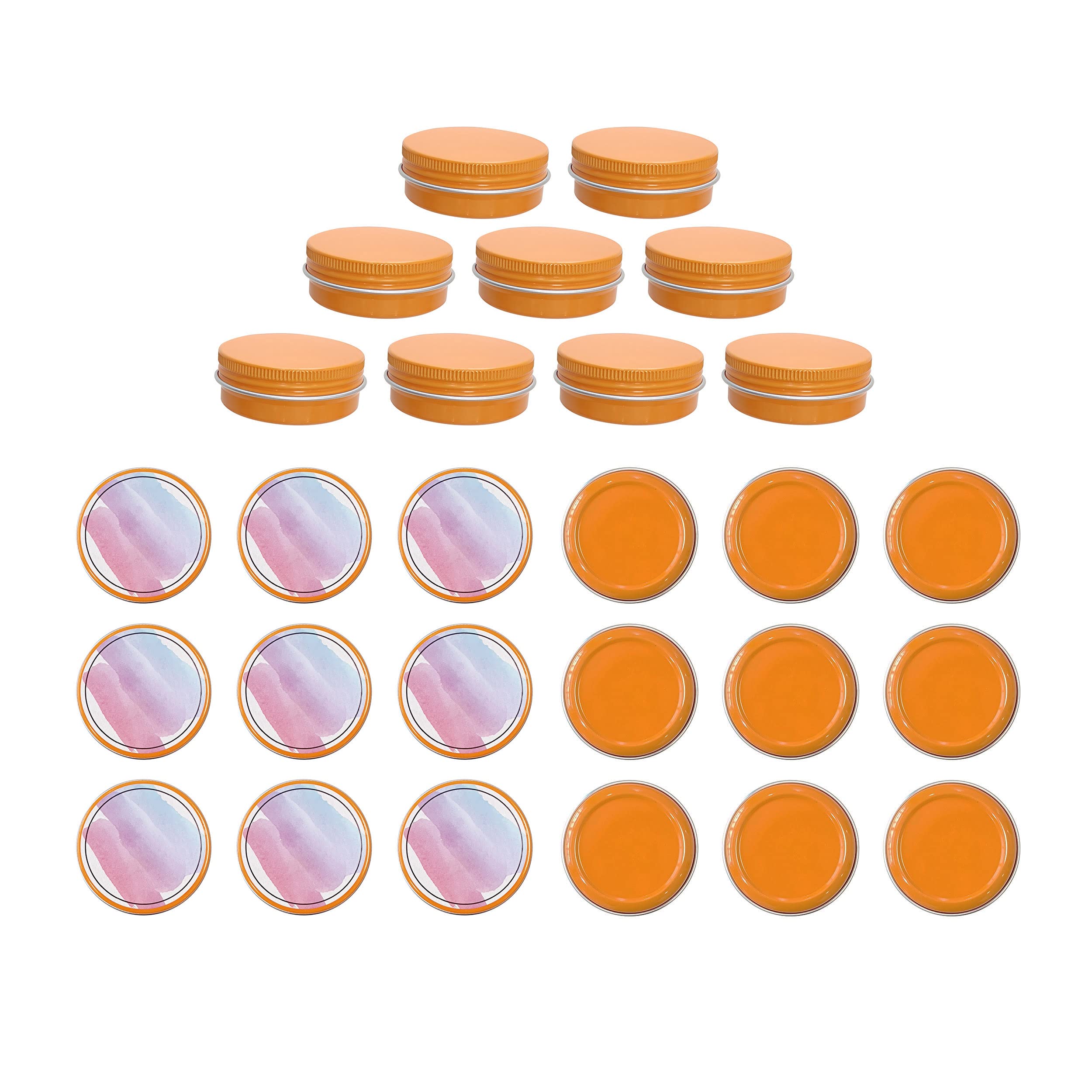 Cubic Ape (1 oz, 27-Pack, w/Labels) Screw Lid Aluminum Jars for Cosmetics - (Small) Refillable Empty Metal Containers for Balm, Salve, Cream (Gloss Orange)