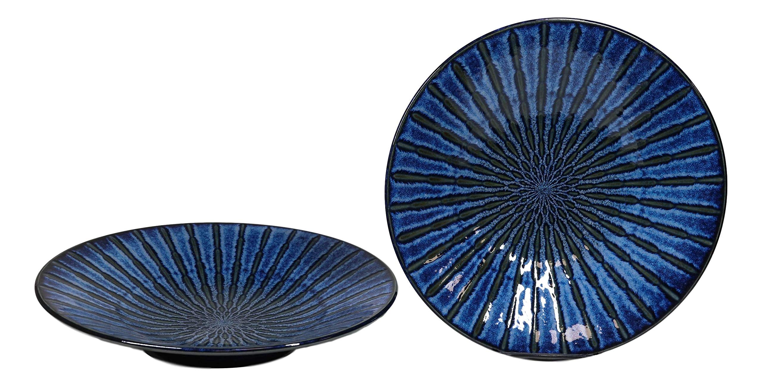 Ebros Gift Made In Japan Radiant Solar Flair Reduction Technique Pottery Glazed Ceramic Shallow Bowls Pack Of 2 Japanese Bowl Set 24oz 11.5"Dia Zen Asian Fine Dining Dinnerware Deep Plates (Blue)