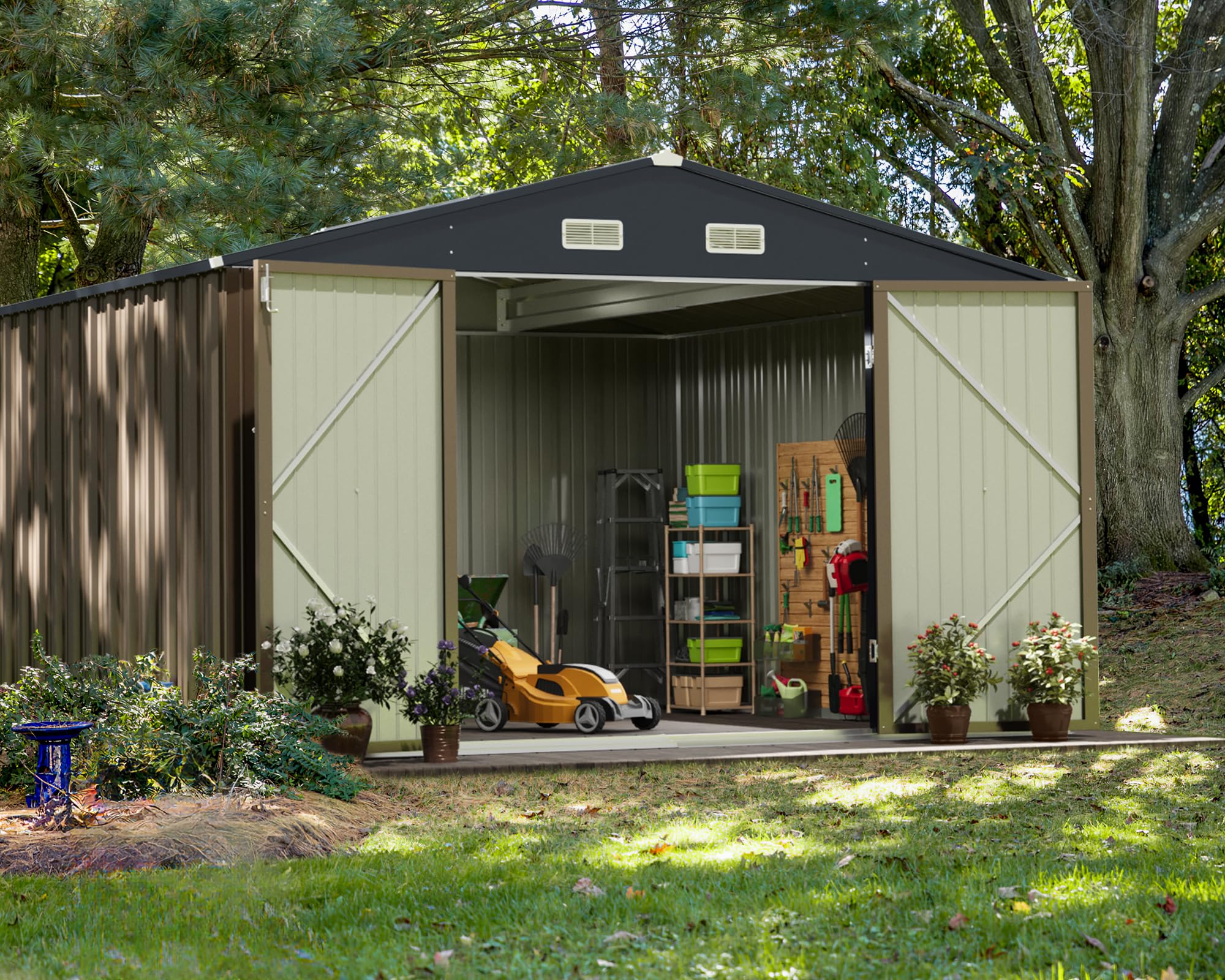 Greesum Outdoor Storage Shed 10 x 10 ft. Utility Tool Shed Metal Storage Garden Shed with Door & Lock for Patio Storage, Brown