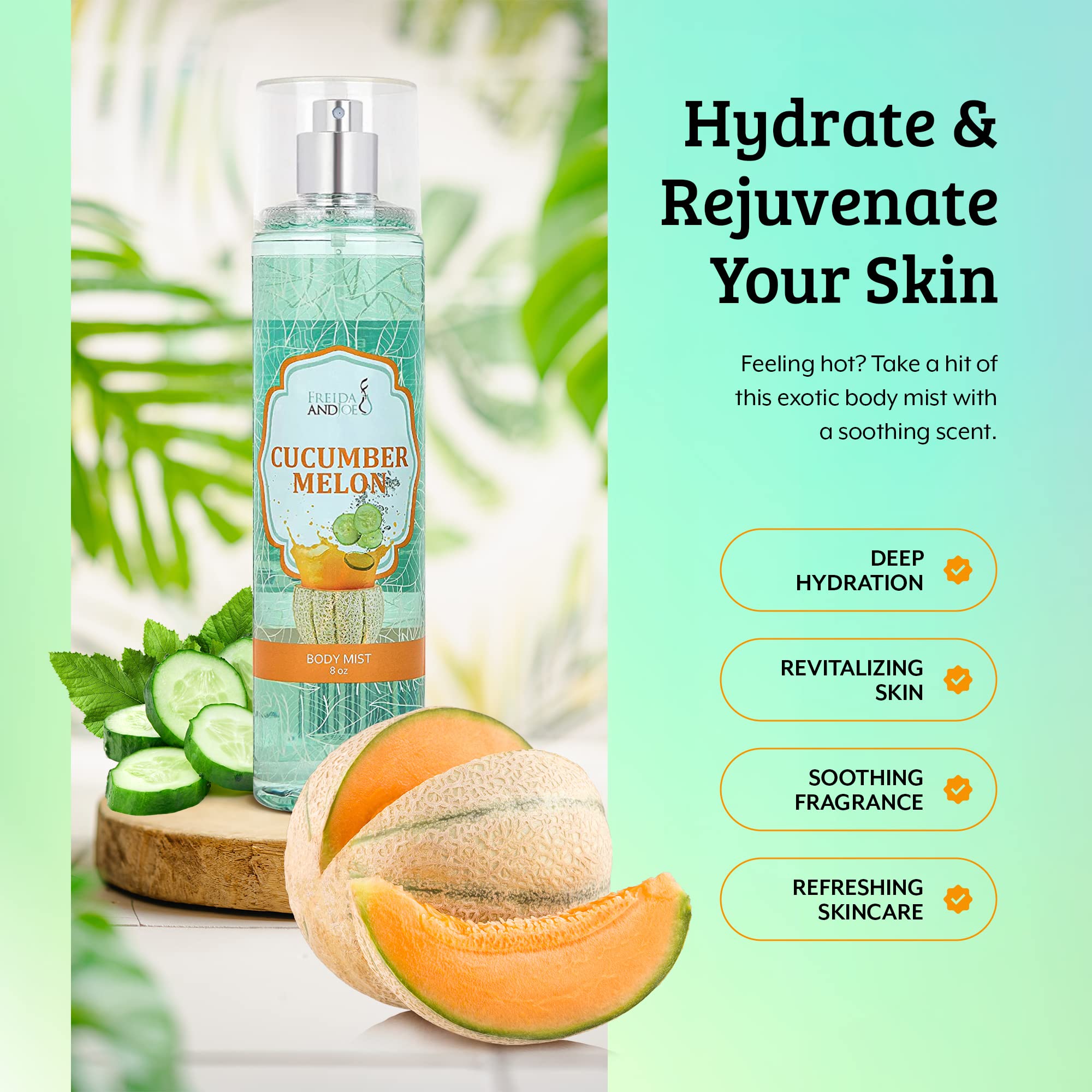 Cucumber Melon Fine Fragrance Body, Womens Perfume Fragrance Body Mist & Sprays, Women's Refreshing Scented Gifts & Presents 8 oz Fine Mist Spray Bottle