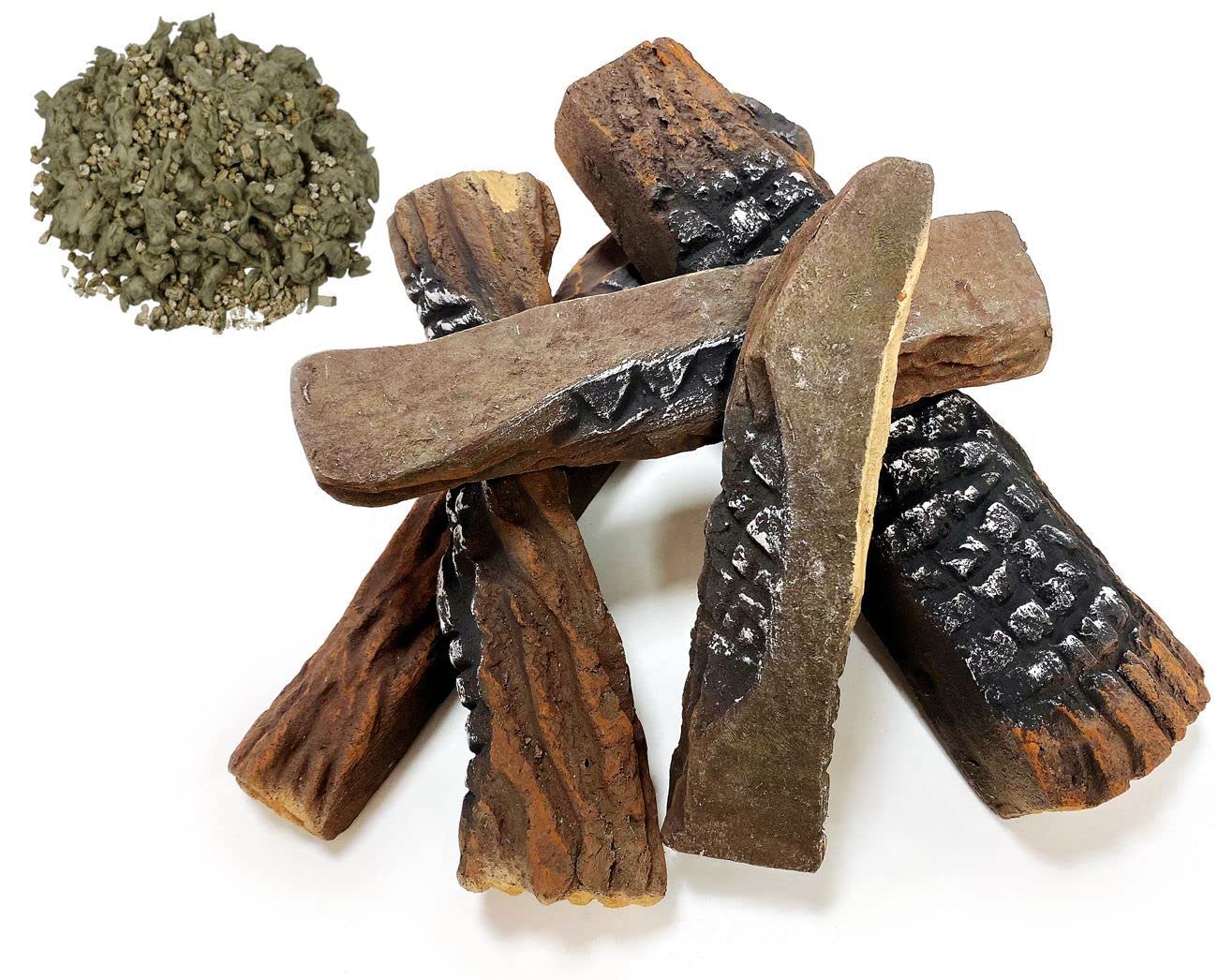 ZBXFCSH 5 Pieces Large Decoration Ceramic Wood Gas Logs and Rock Wool Use in Indoor, Gas Inserts, Vented, Electric, or Outdoor Fireplaces, Fire Pits, Stoves. Realistic Clean Burning Accessories