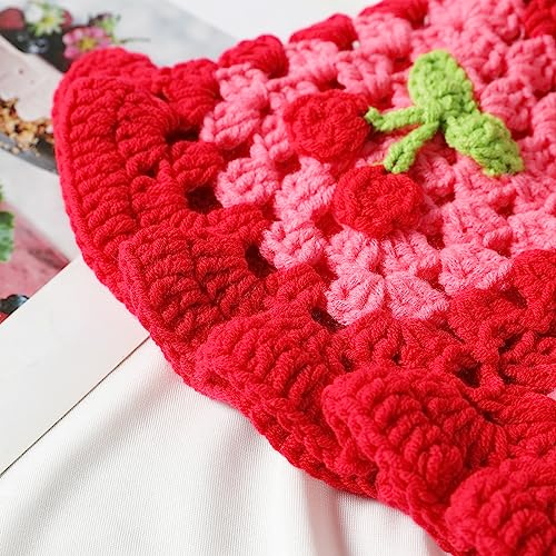 Fiewmay Crochet Bucket Hat for Women Handmade Floral Hat Portable Knitted Elastic Cute Beach Hat for Vacation Traveling(Cherry Red)