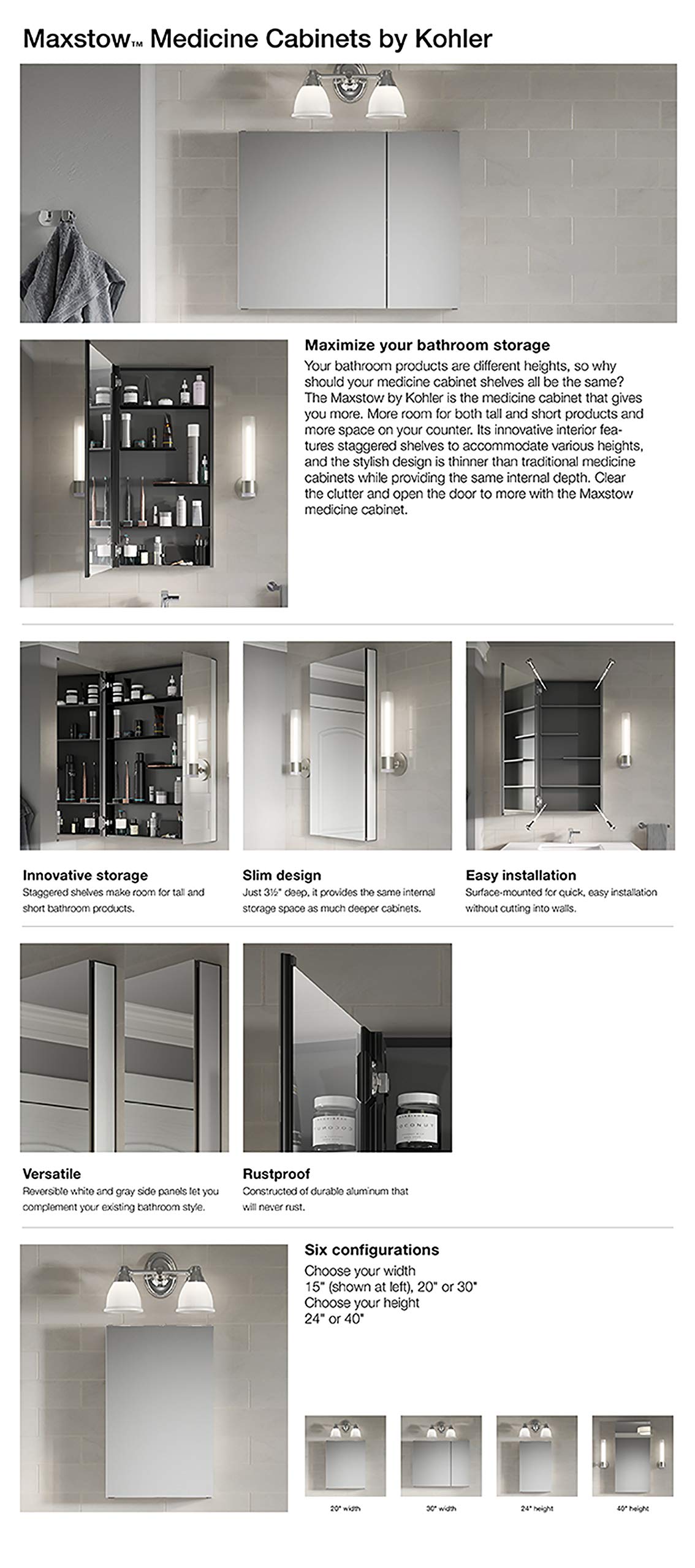 KOHLER K-81147-DA1 Maxstow Frameless Surface Mount Bathroom Medicine Cabinet, 15" x 40", Dark Anodized Aluminum