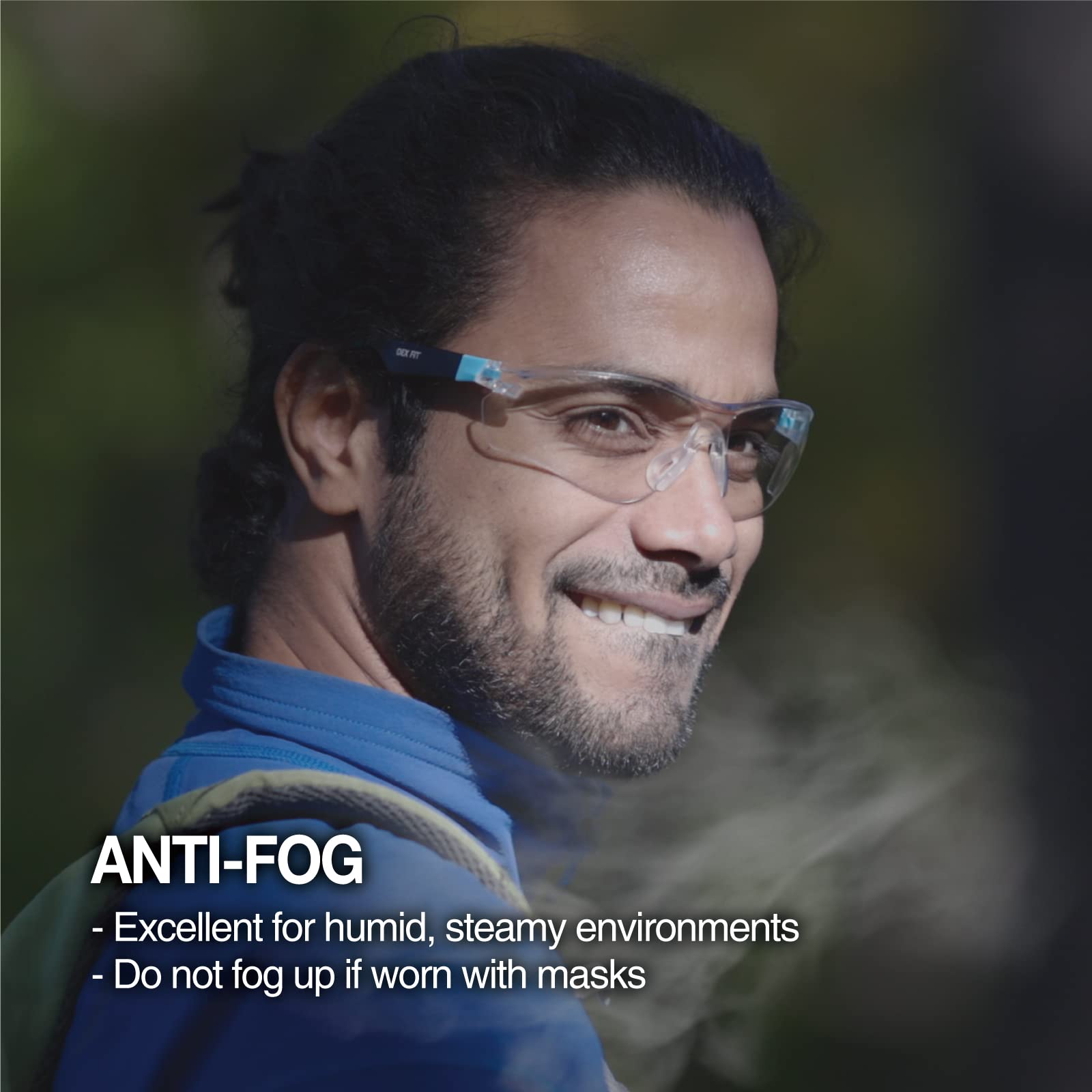 DEX FIT Safety Glasses SG210, Z87 Eye Protection, Anti-Fog & Scratch Resistant, Adjustable for Women and Men, UV Protection (Black & Blue Frame, Clear Lens)