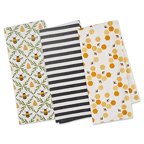 Design Imports DII Little Bees Bee Themed Dish Towels, Set of 3 Yellow Black White Green