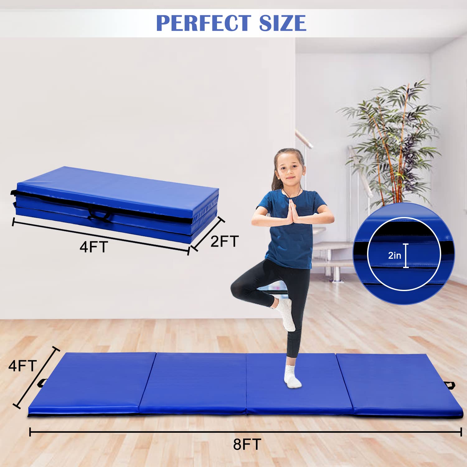 Exercise Mats for Home Workout, 4'x8'x2 Extra Thick High Density Anti-Tear Folding Gymnastics Mat w/Hook & Loop Fastener Lightweight Tumbling Mat for MMA, Stretching Yoga, Cheerleading Martial Arts