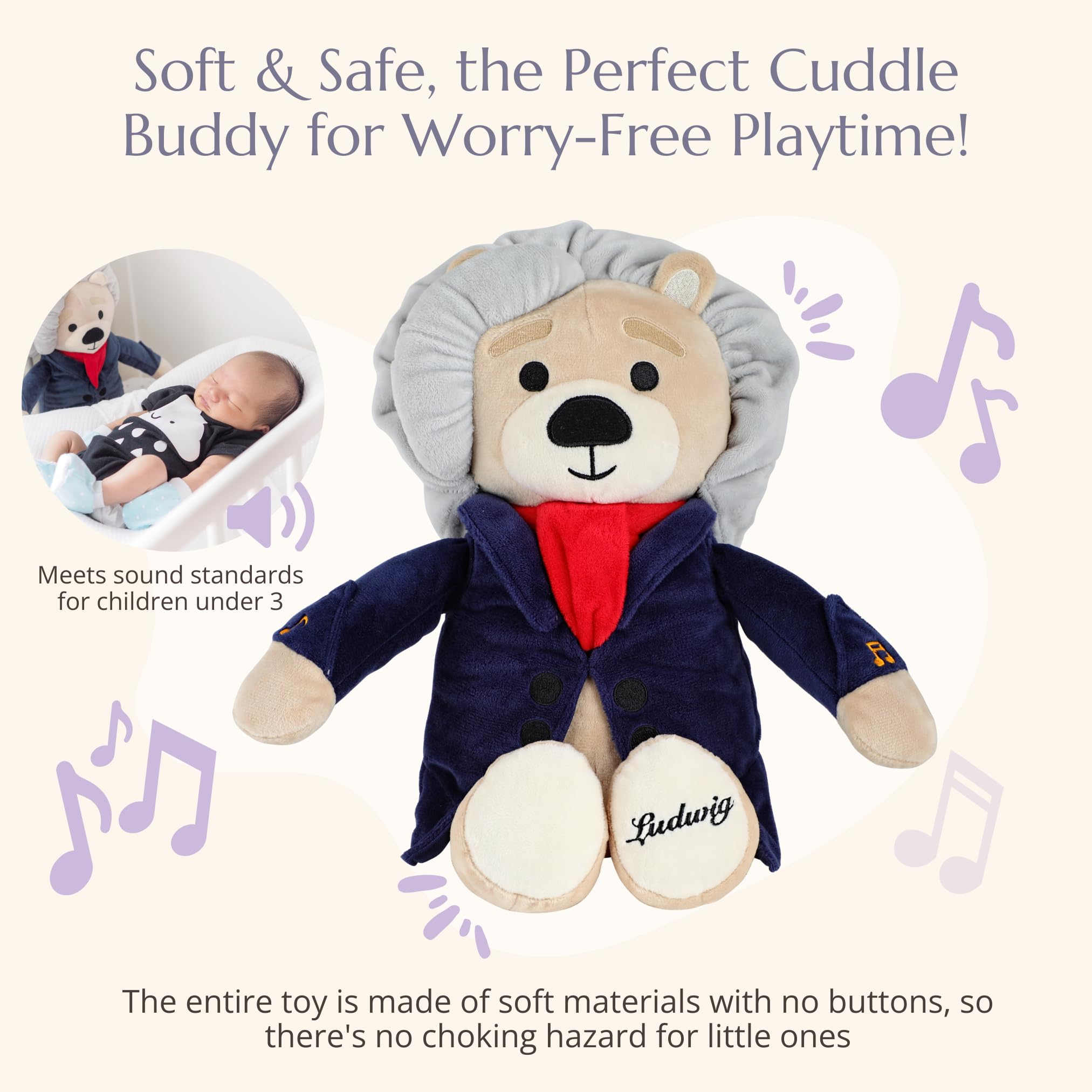 Vosego Ludwig Van Beethoven Virtuoso Bear – Plays 40 Mins of Classical Music, Educational & Soothing Musical Teddy Bear for Babies & Toddlers, Ideal