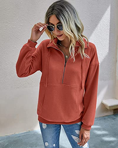 PRETTYGARDEN Women’s Casual Long Sleeve Lapel Zipper Sweatshirt Drawstring Loose Pullover Tops Orange Red