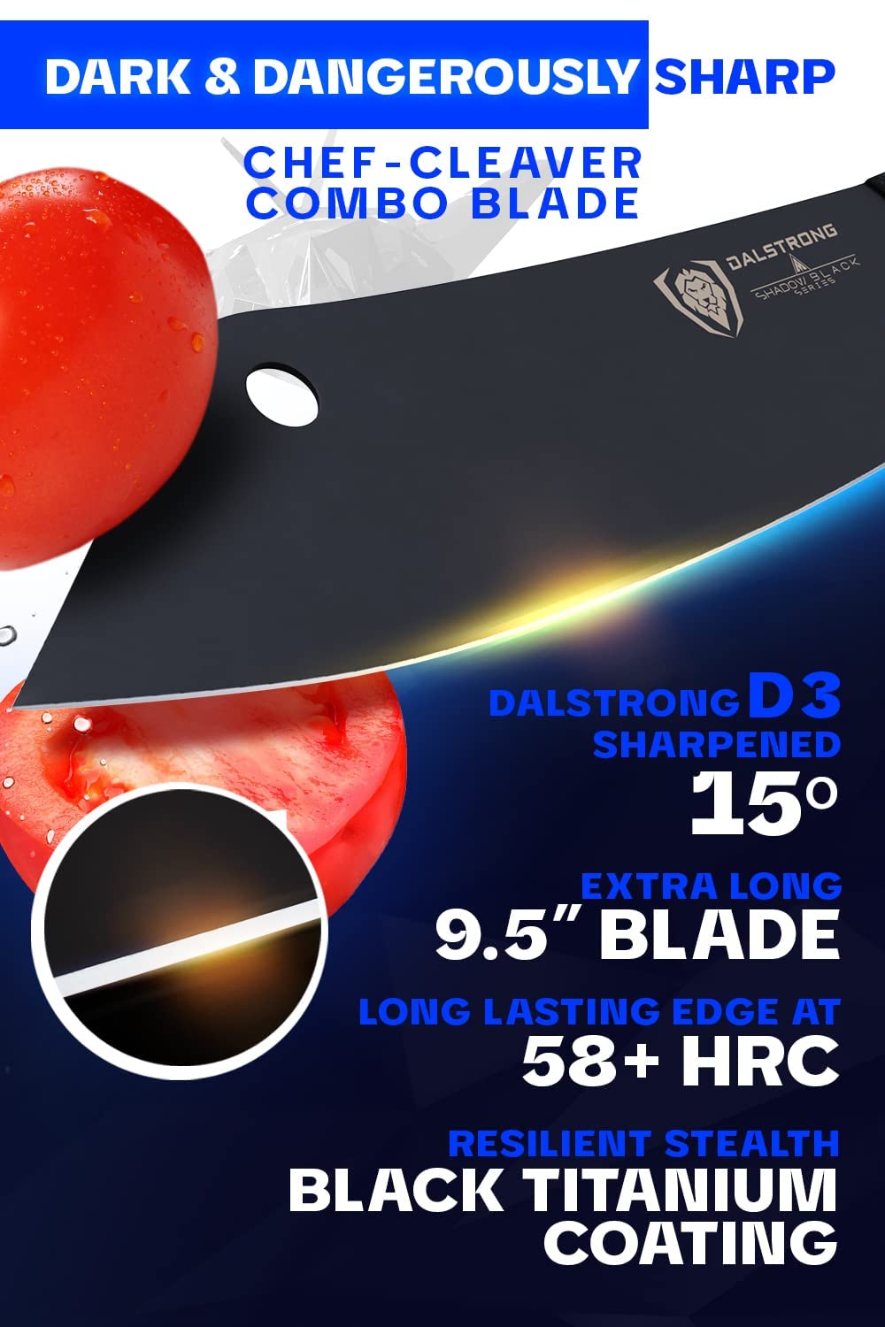 Dalstrong Hybrid Cleaver & Chef Knife - 8 inch - 'The Crixus' - Shadow Black Series - Razor Sharp Black Titanium Nitride Coated - High Carbon 7CR17MOV-X Vacuum Treated Steel - Sheath - NSF Certified