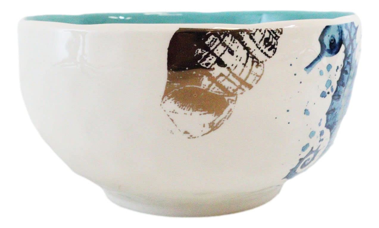 Ebros Nautical Marine Coastal Sea Life Blue And White Seahorse Ceramic Dinnerware For Beach Party Hosting Kitchen And Dining Earthenware Serveware (Large Pasta Noodles Salad Soup Serving Bowl 95oz)