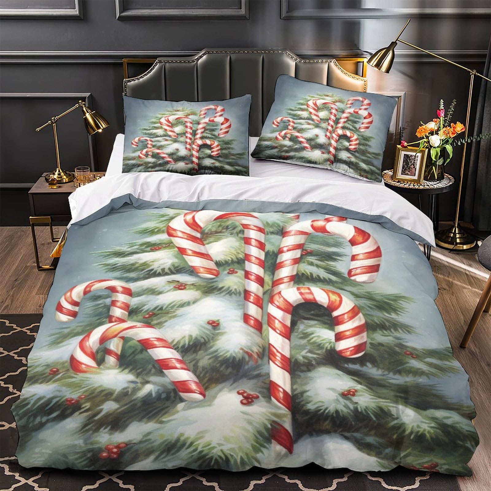 JALYKA Candy Canes Comforter Cover Bedding Sets for Girls Boys Teens 3D Print Christmas Theme Duvet Cover Sets Microfiber 3 Piece Quilt Cover Room Decor with Pillowcases Zipper Queen(228x228cm)