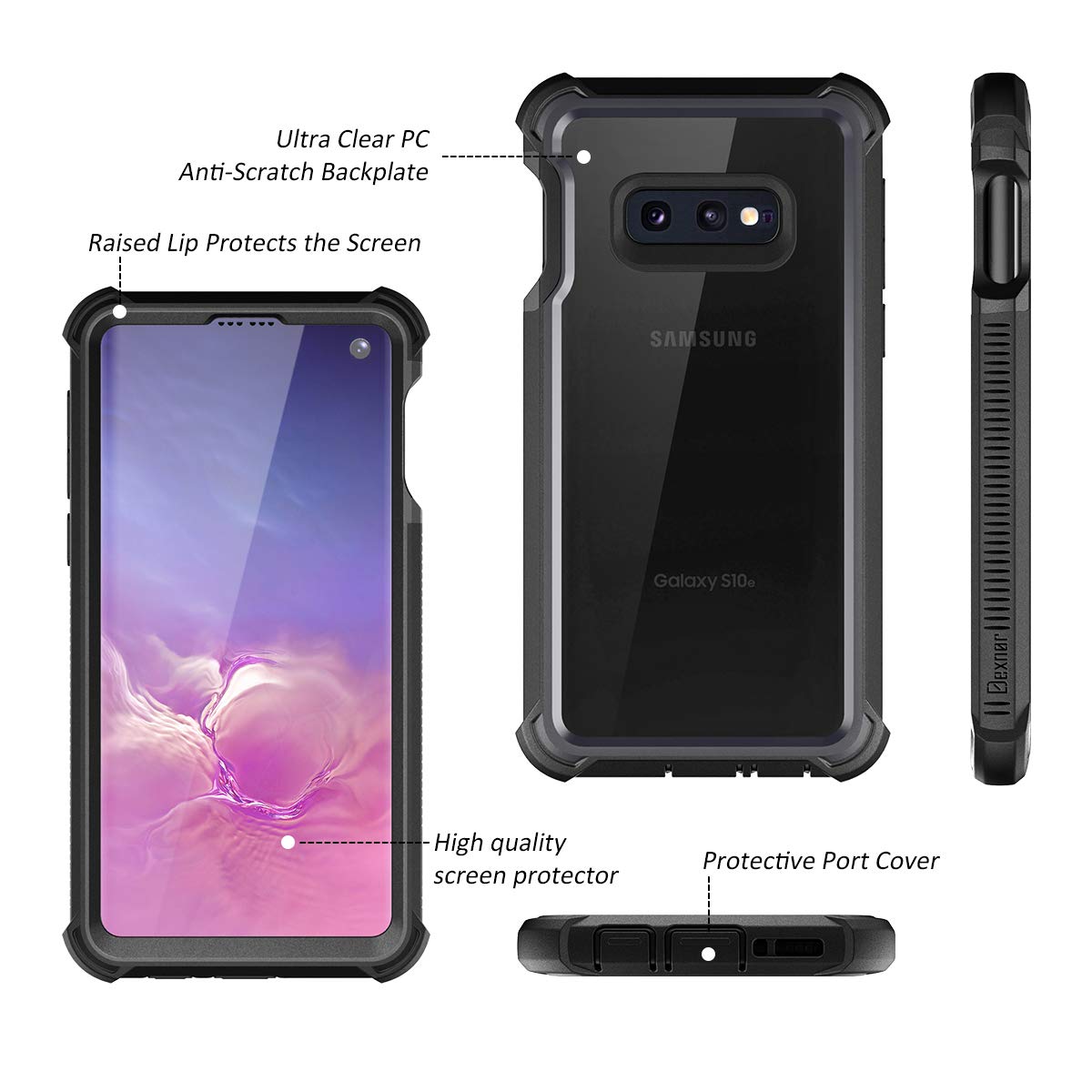 Dexnor Galaxy S10E Case with Built-in Screen Protector Clear Rugged Full Body Protective Shockproof Hard Back Defender Dual Layer Heavy Duty Bumper Cover Case for Samsung Galaxy S10E - Purple