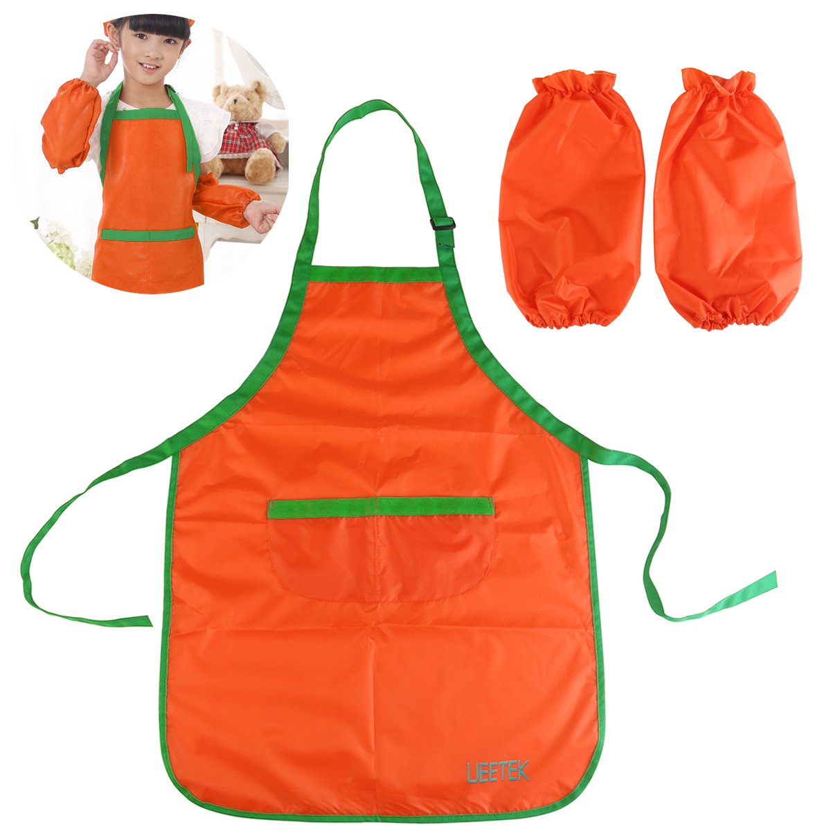 UEETEK Children Kids Waterproof Art Craft Smock Apron for DIY Painting Drawing with Sleevelet(Orange)