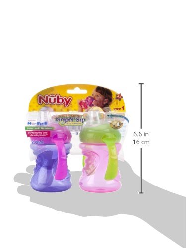 Nuby Plastic 2-Pack Two-Handle No-Spill Super Spout Grip N' Sip Cups, 8 Ounce, Pink and Purple