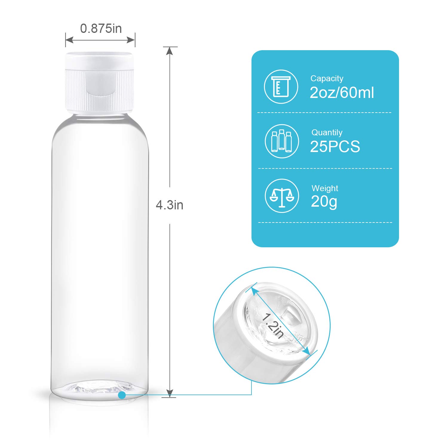 CRTWDMAN 2 Ounce/60ml Plastic Empty Bottles with Flip Cap, Refillable Cosmetic Bottles, Air Flight Travel Bottles for Shampoo, Liquid Body Soap, Toner, Lotion, Cream - Clear - Set of 25