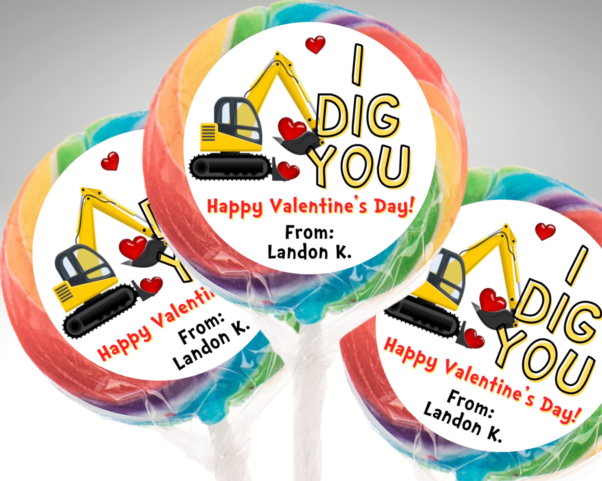 Personalized Construction Digger Valentine's Day Stickers for Kids 20-Count, 2 inch, Custom Classroom Valentines Favor for Boys, Happy Valentine's Day Labels