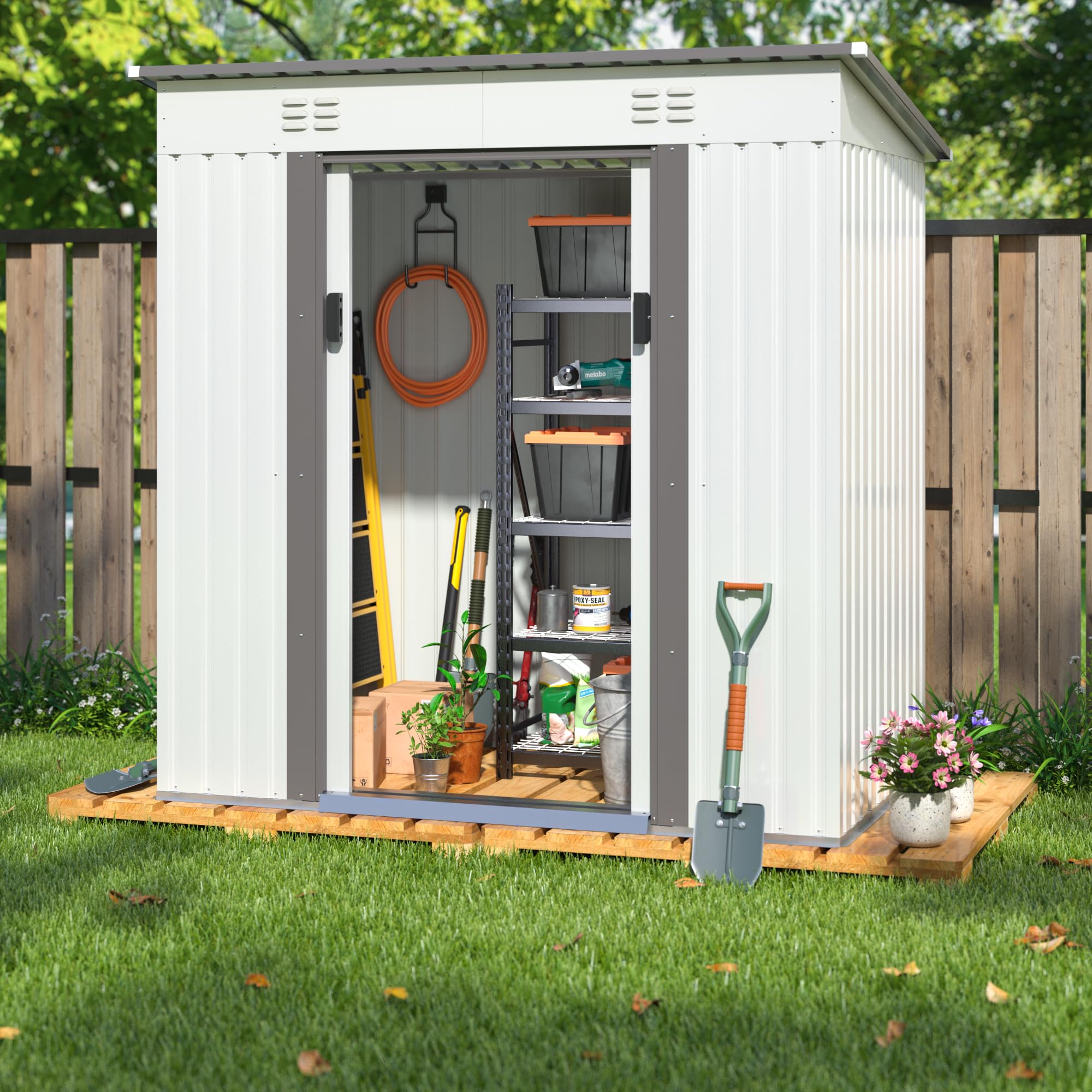 JAXPETY 4' x 6' Ft Outdoor Storage Shed, Metal Tool Shed with Vents, Lockable Door, Organizer House for Garden Backyard Patio Lawn, Weatherproof, White