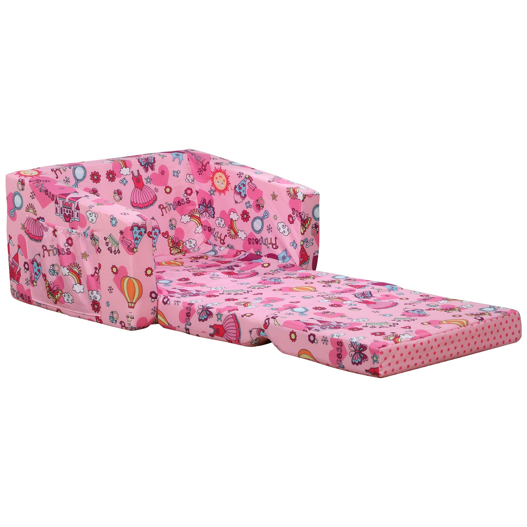 Qaba Kids Fold-Out Couch/Chair Lounger with Space-Themed Washable Fabric & Removable Cushion for 3-6 Years Old, Pink