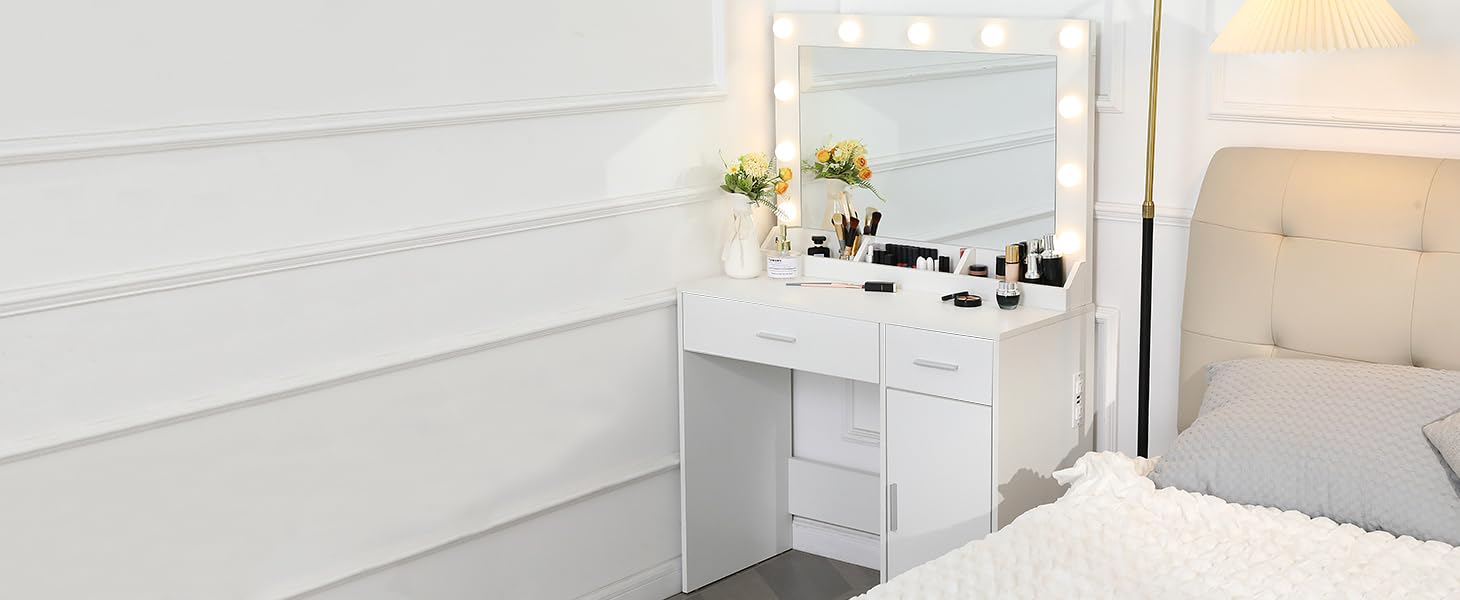 Likein Vanity Desk with Mirror and Lights, Makeup Vanity Desk with Lights, Modern Dressing Table with Charging Station 2 Drawers & Cabinet for Girls Women