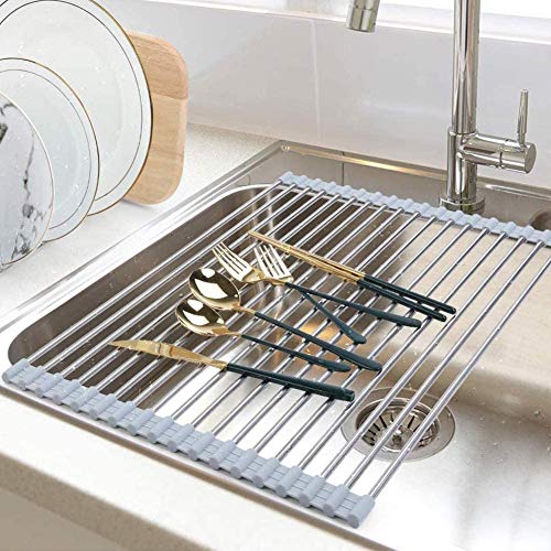 EC ELEGANTCHARM Roll Up Dish Drying Racks, Over Kitchen Sink Counter Rv Wide 17.5" x 16" Rollup Dish Rack, Foldable Stainless Steel Multipurpose Heat Resistant Rolling Dishes Drainer