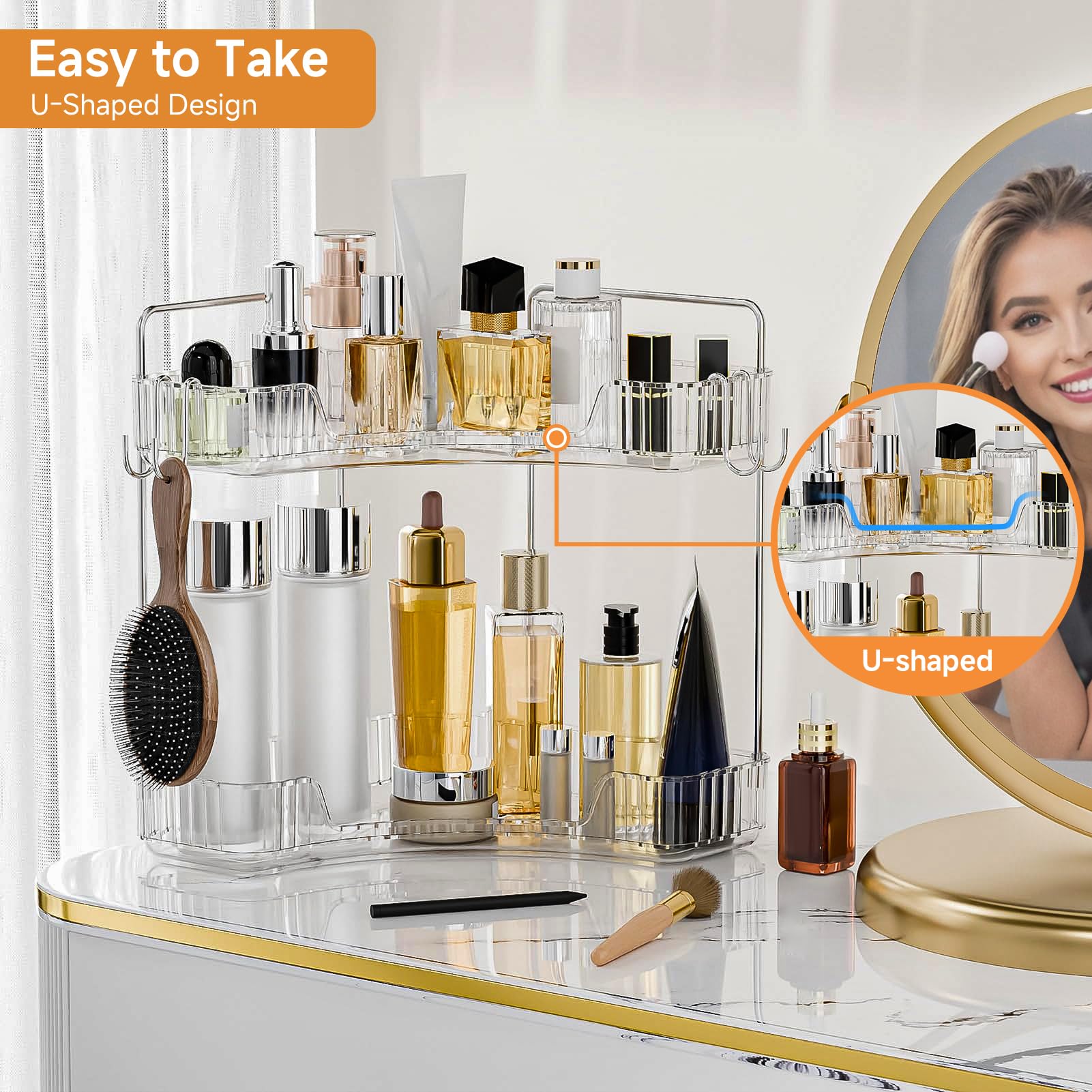 Kinkota 2 Tier Corner Bathroom Organizer Countertop, Plastic Bathroom Counter Organizer, Vanity Tray Sink Shelf with Hooks, for Makeup Storage (Clear)