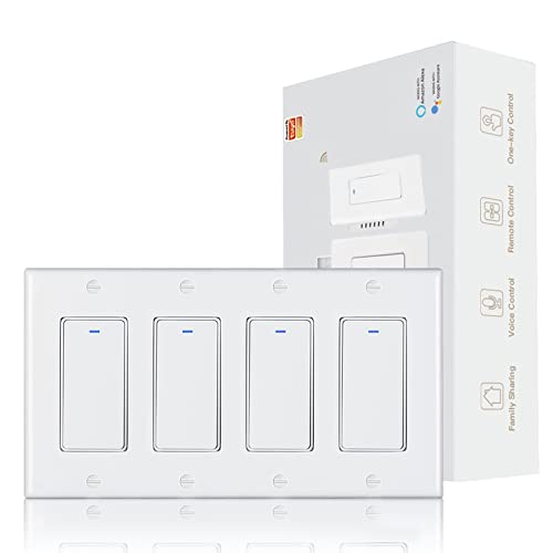 MOES WiFi Smart Light Switch, Single Pole/Multi-Control Association Needs Neutral Wire 2.4GHz Wi-Fi Smart Life/Tuya App Light Switch Works with Alexa and Google Home No Hub Required, 4 Pack White