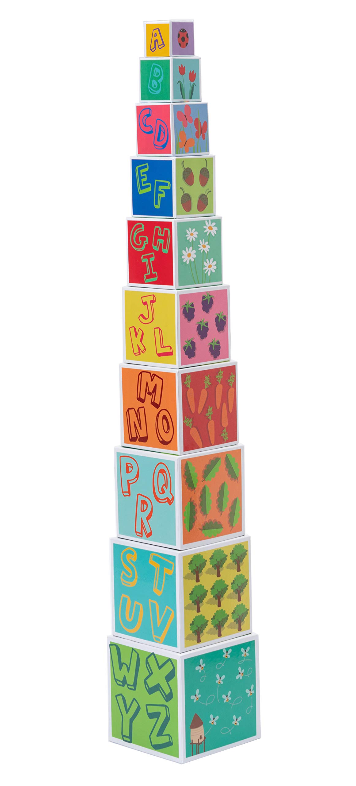 CRUISTORE Cardboard Nesting and Stacking Blocks Set | 10 Pcs of Blocks with Animal、Plant、Numbers、Letters | Development Stacking Games for Kids Toddlers