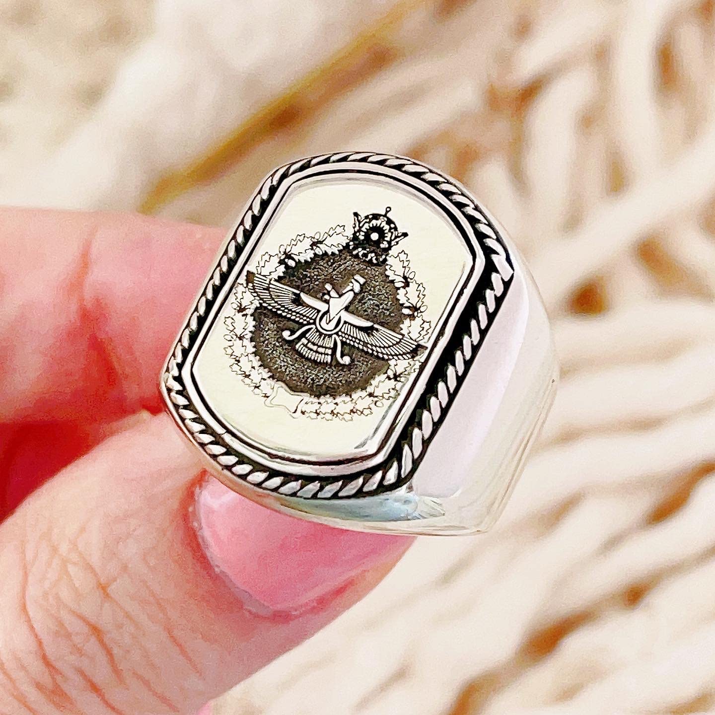 Esmawish Handmade Turkish made Zoroaster Farvahar Emblem Zoroastrian 925K Stamped Sterling Silver Men Woman Ring (9)