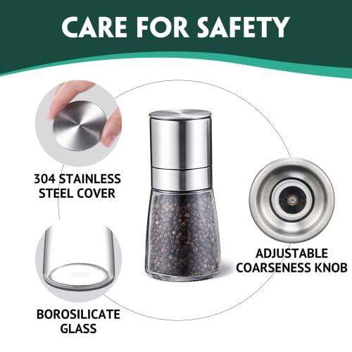 KITEXPERT Salt and Pepper Grinder Set, Chunky Glass Pepper Mill and Salt Grinder Refillable with Large Capacity & Upgraded Grinding Precision, Stainless Steel Pepper Mill Grinder