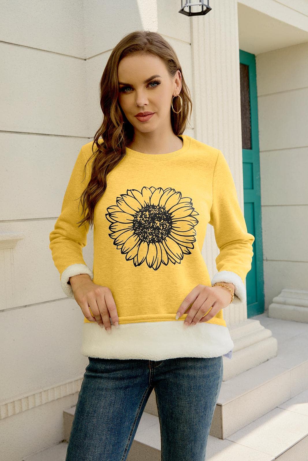 Esobo Womens Blouse Warm Pullover Sweatshirts Sunflower Printed Crewneck Long Sleeve Sweaters Tops Yellow