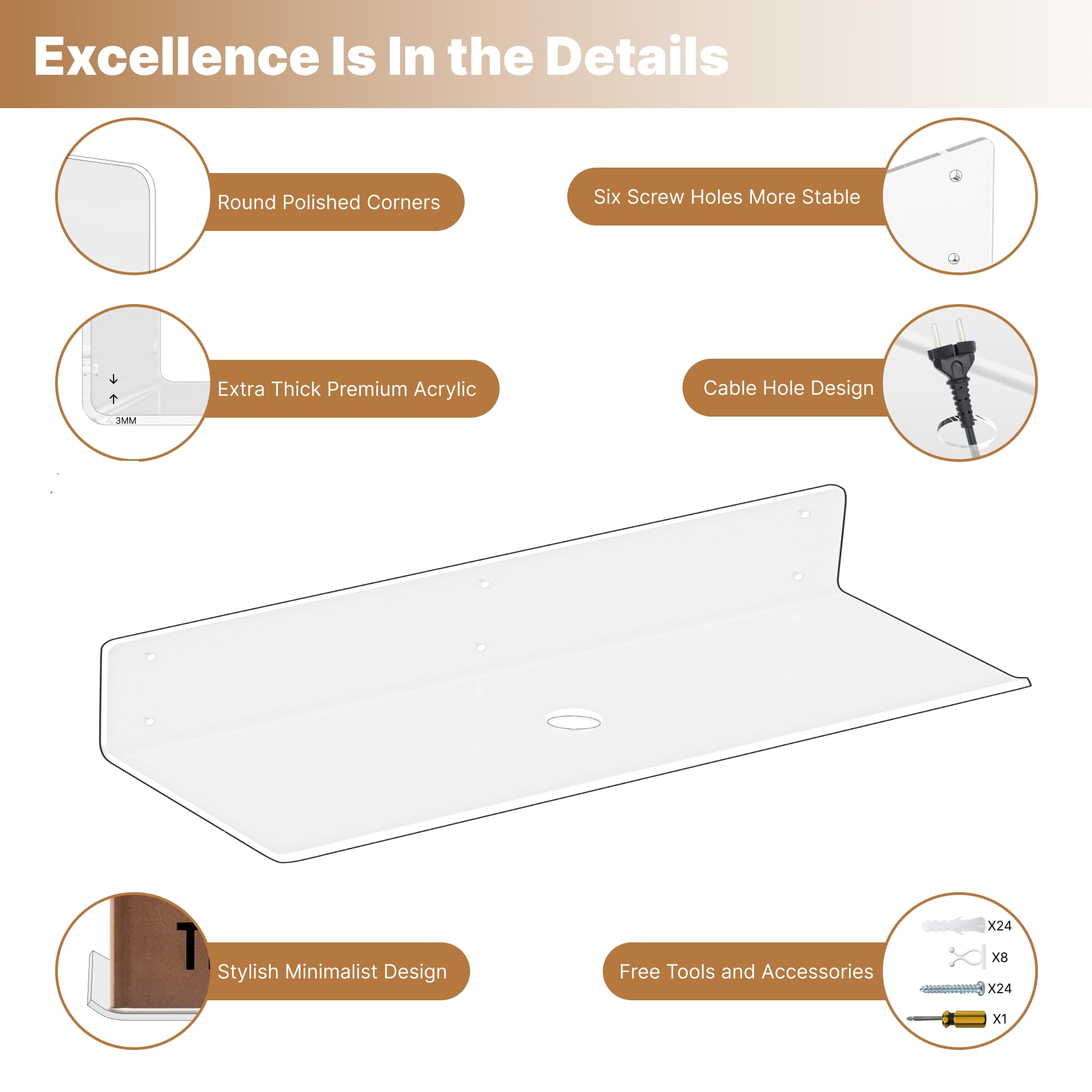 Clear Acrylic Floating Shelves 4 Pack, 9.4'' Wall Mounted Shelves for Bedroom, Bathroom, Living Room, Gaming Room with Free Tool and Accessories