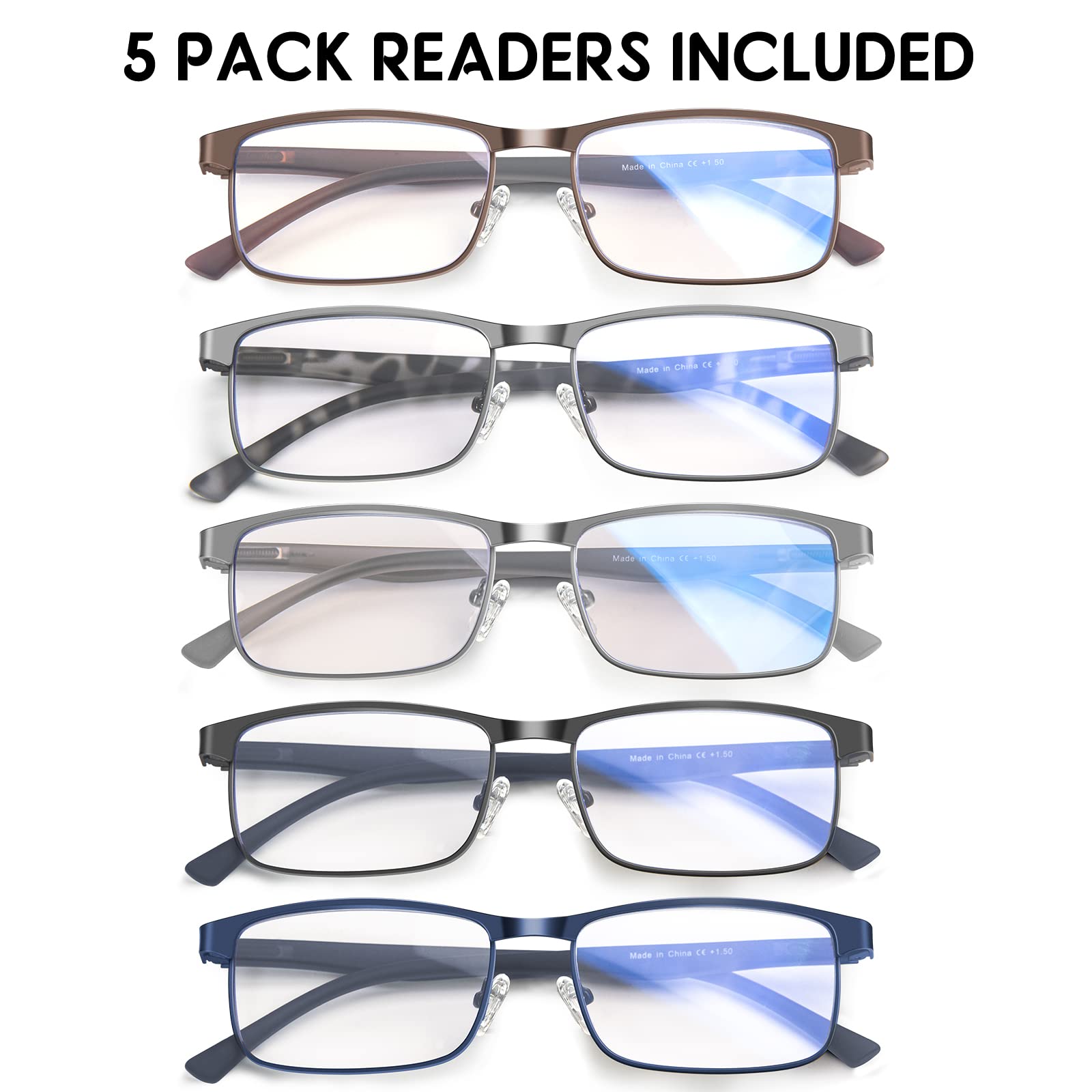 DAMIDEO Men Reading Glasses Blue Light Blocking, 1.5 Lightweight Mens Metal Readers with Spring Hinge Anti Glare Eyeglasses