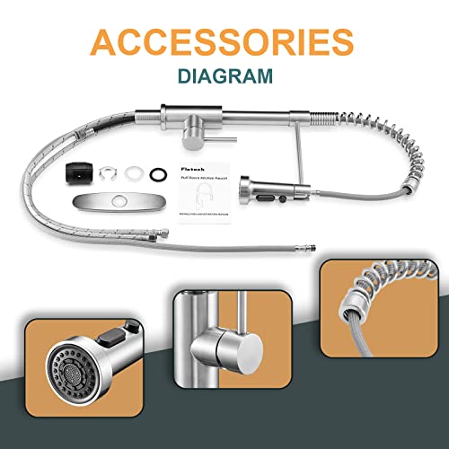 FLOTECH Brushed Nickel Kitchen Faucets with Pull Down Sprayer,Commercial Single Handle Pull Out Stainless Steel Spring Kitchen Sink Faucet with Deck Plate to Cover 1 or 3 holes for Farmhouse Bar Sinks