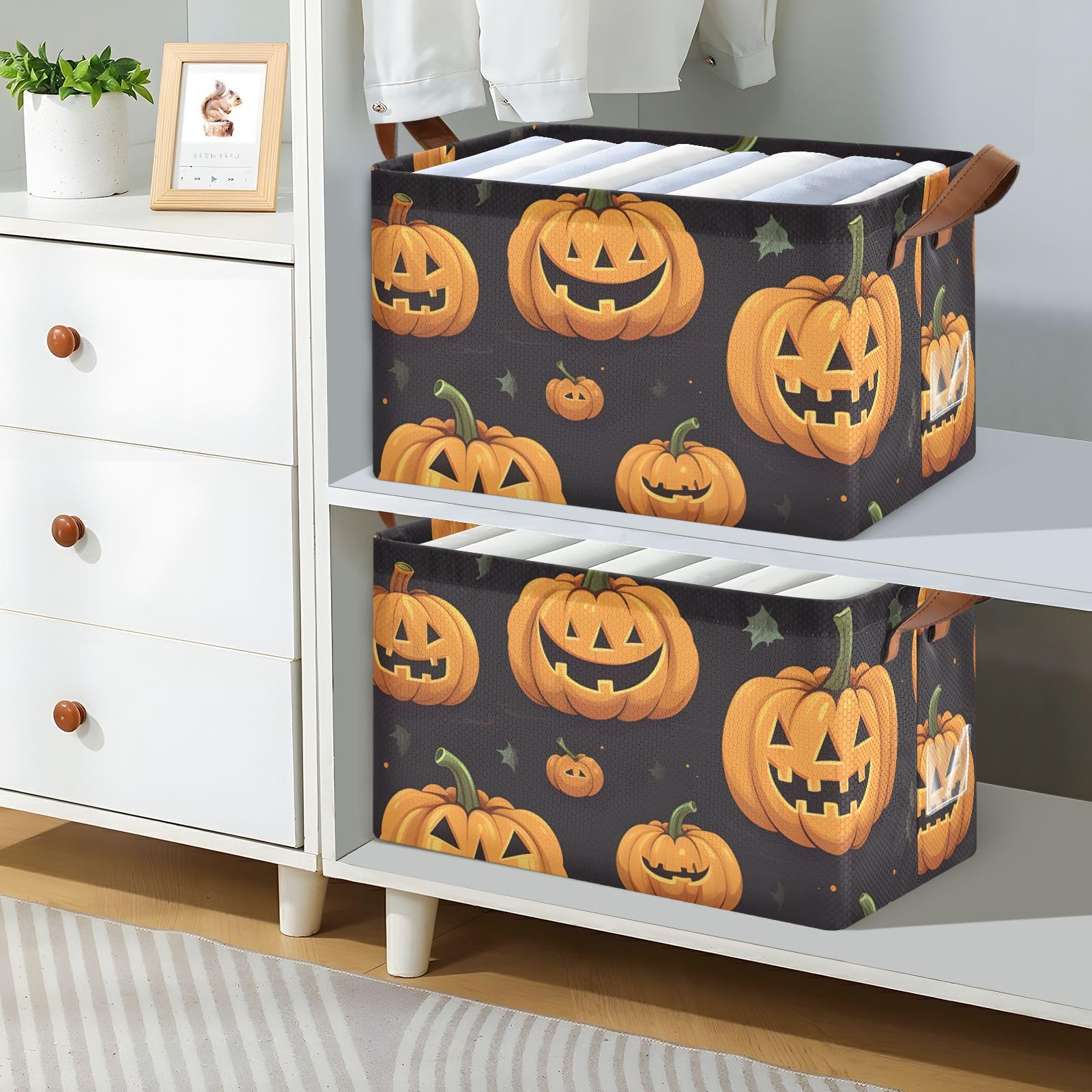 HOMONAW Rectangular Storage Bin Halloween Devil Pumpkin Storage Baskets Foldable Closet Organizer with Handles for Organizing Shelf, Clothes, Toys, Home, Office, Nursery