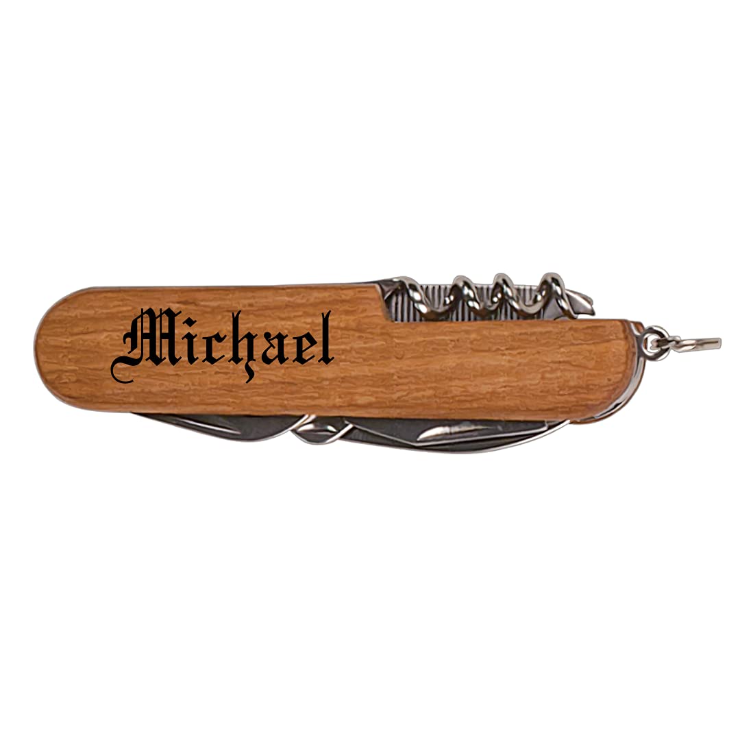 Personalized Wooden Pocket Knife | Customizable Design | Laser Engraved | 8-Function Multi-Tool (Stainless Steel) | Gift for Men, Groomsmen, Birthday, Graduations