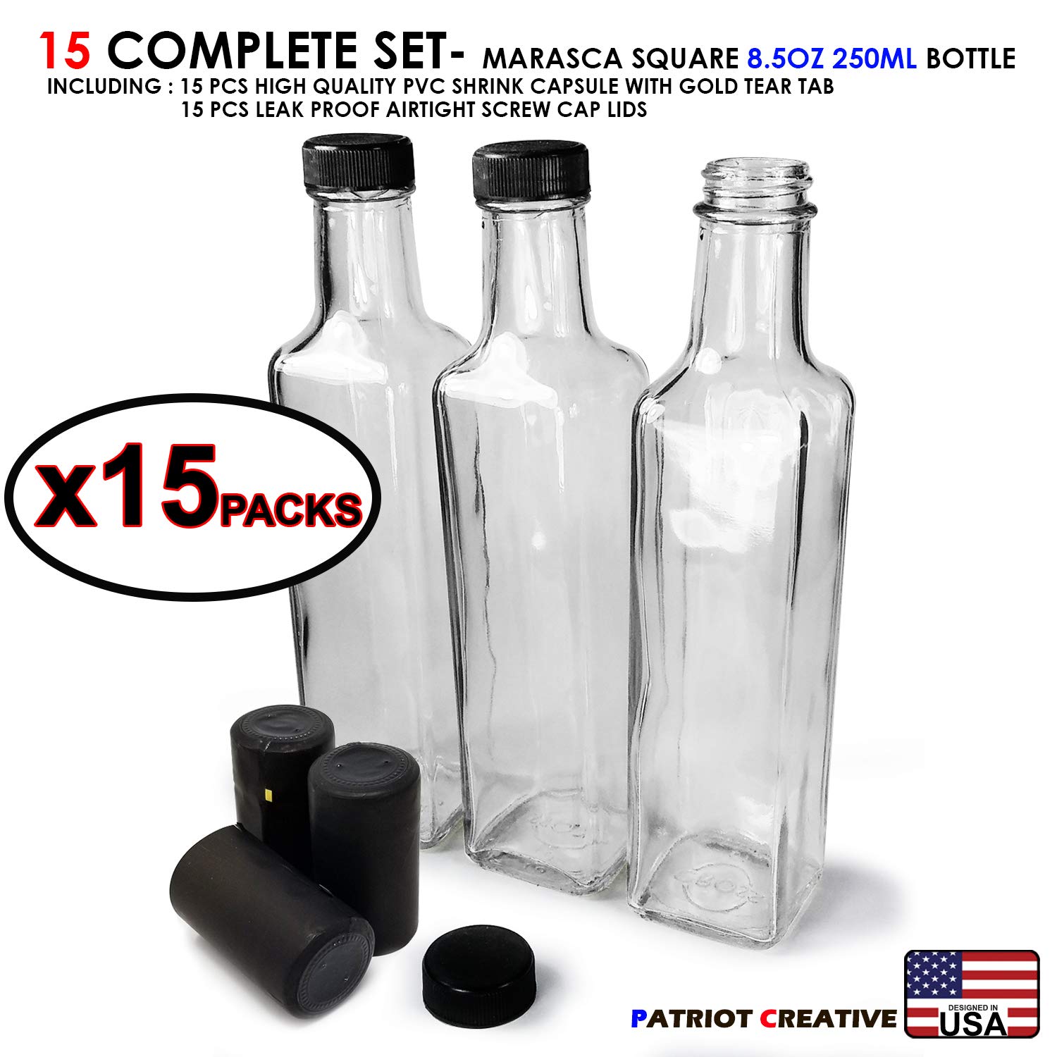 Quadra Bottles 8.5 Oz 15 Sets of Premium Commercial Grade Glass Square Bottle Leak Proof Airtight Plastic Screw Cap Lids Shrink Capsule - European Marasca 8.5 oz Bottle (Black 15Sets 8.5oz 250ml)