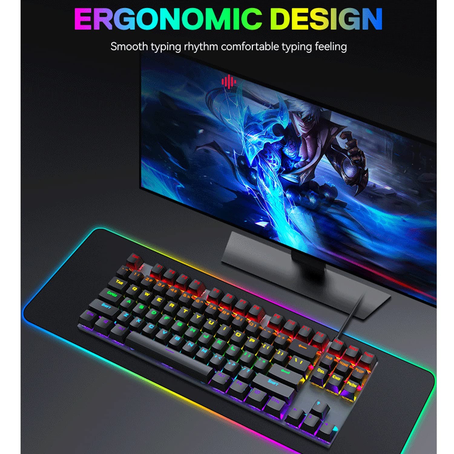EXHNLE 87 Keys Gaming Keyboard, Mechanical Keyboard RGB Backlit Compact Keyboard with Gaming Mouse, USB Wired Set for PC Gamer Laptop Work