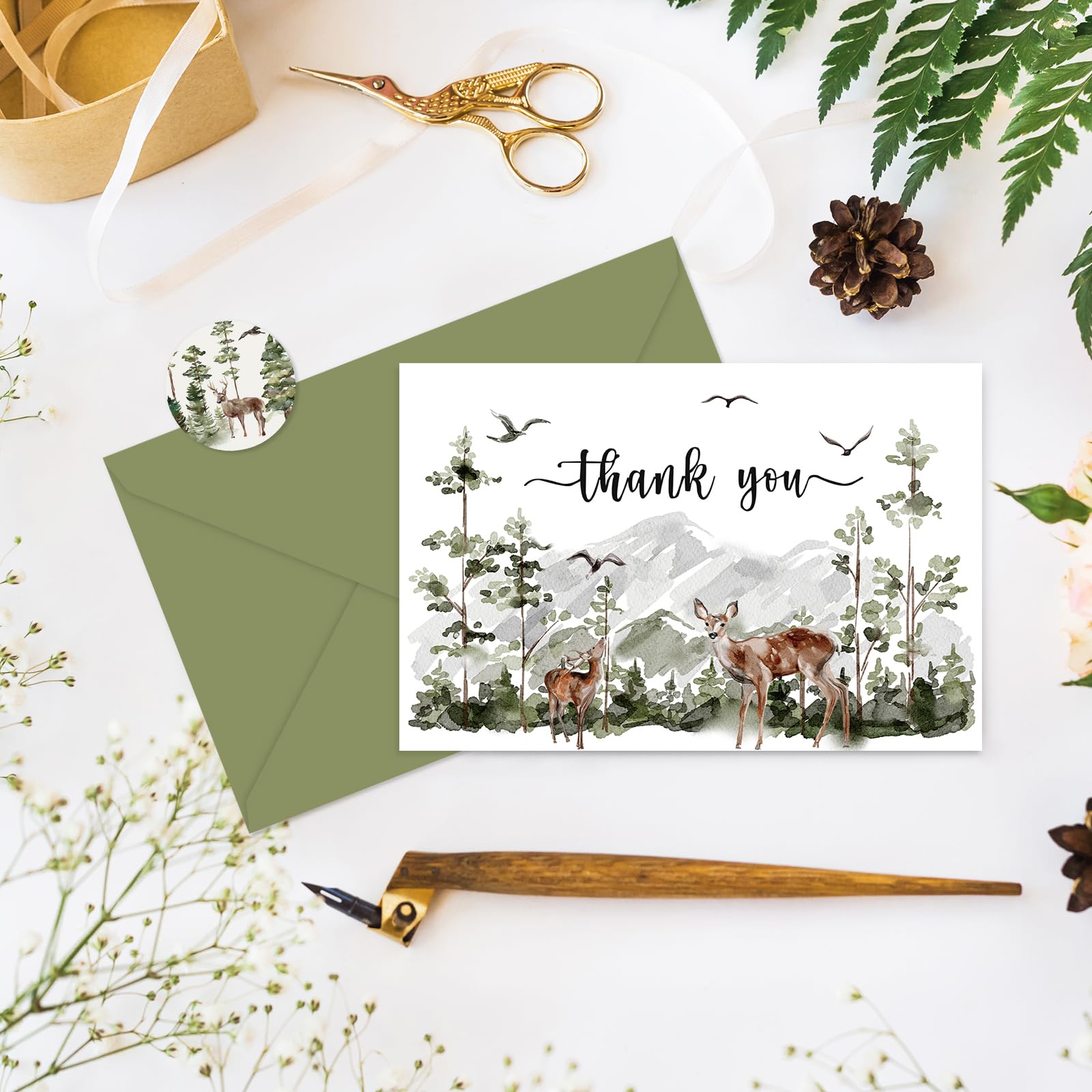 JarThenaAMCS 36 Pack Forest Thank You Cards Bulk Watercolor Woodland Elk Deer Thank You Blank Note Cards with Envelopes Stickers for Baby Shower Birthday Wedding