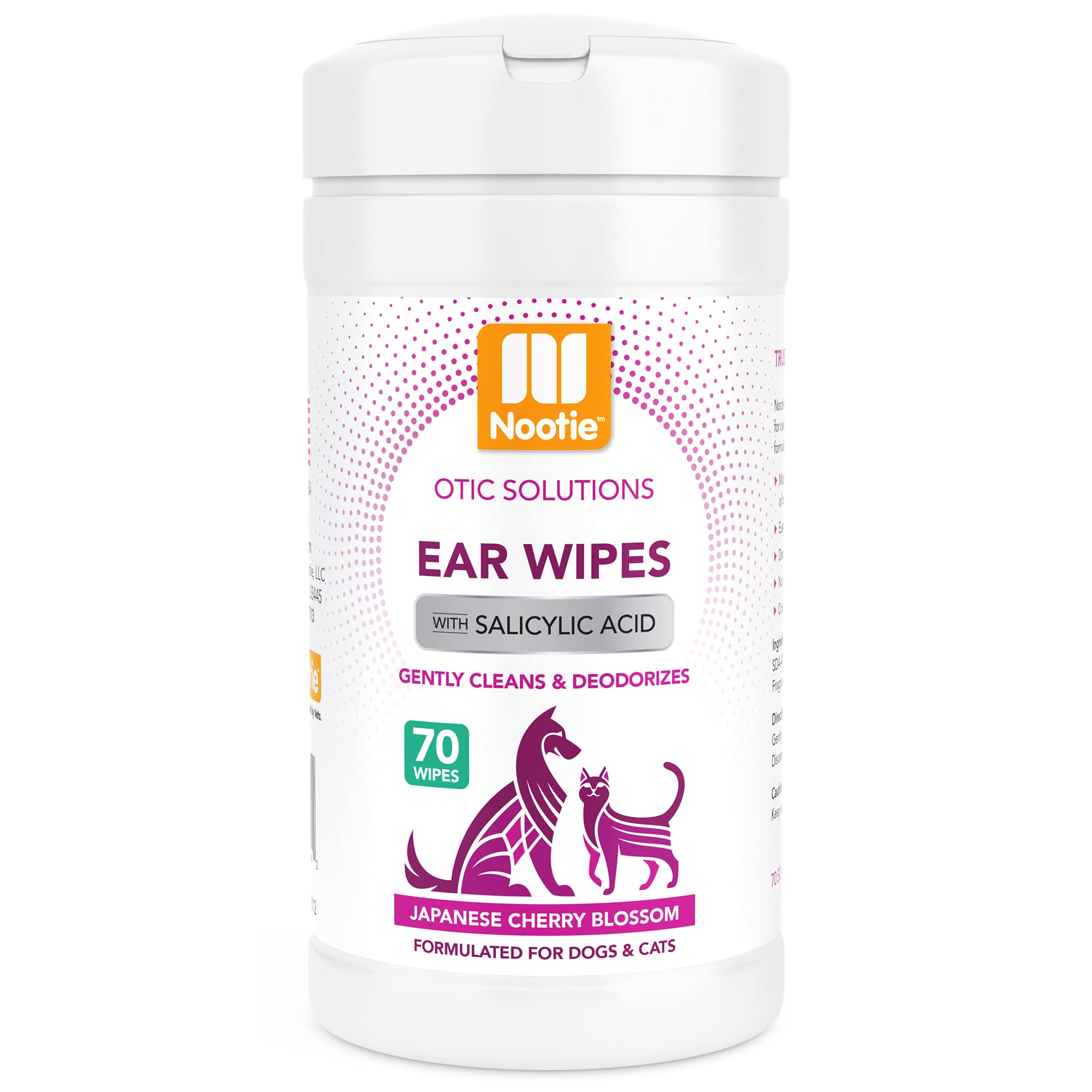 Nootie Dog & Cat Ear Wipes with Salycyclic Acid- Japanese Cherry Blossom - 70 Wipes - Vegan Friendly - Sold in Over 5000 Vet Clinics