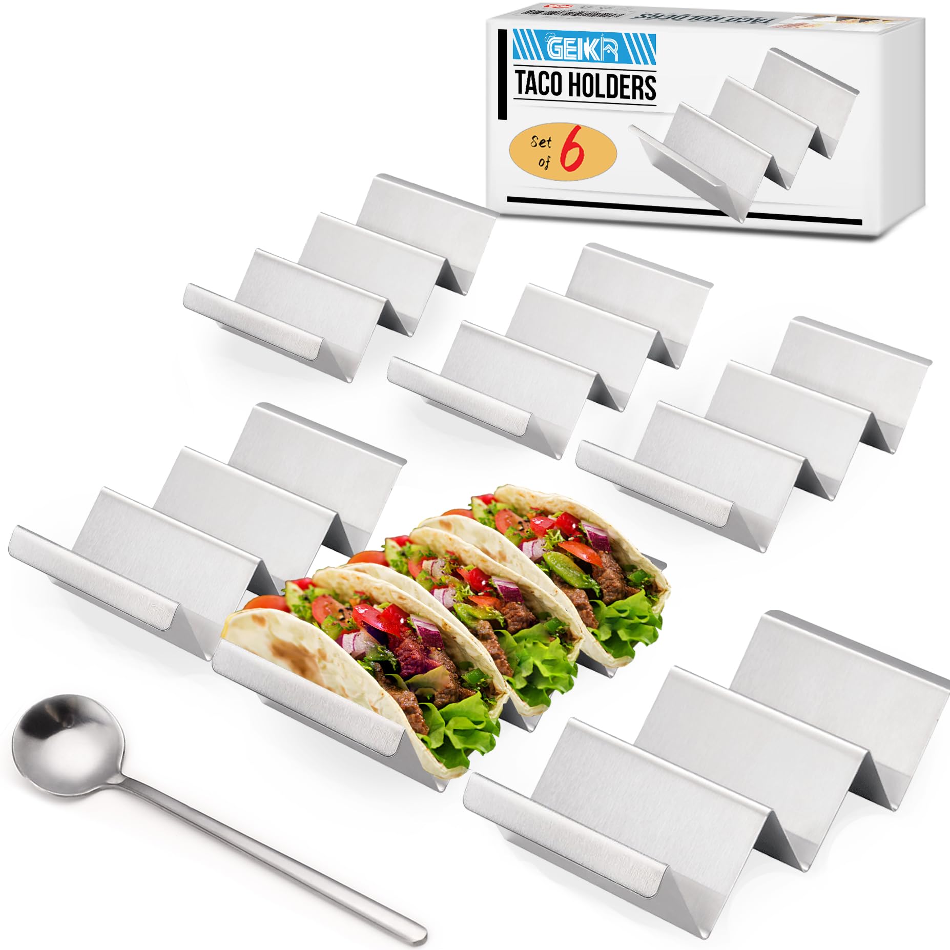 GEIKR Stainless Steel Taco Holders Set of 6 - Each Metal Taco Stands for 3 Tacos - Taco Rack with Handles - Stylish Taco Shell Holders - Oven & Dishwasher & Grill Safe Taco Trays